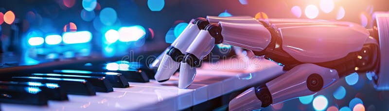 Robotic Hand Playing Keyboard with Neon Lights Stock Illustration ...