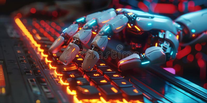 A Robotic Hand is Pointing To a Glowing Blue Circle on a Computer ...