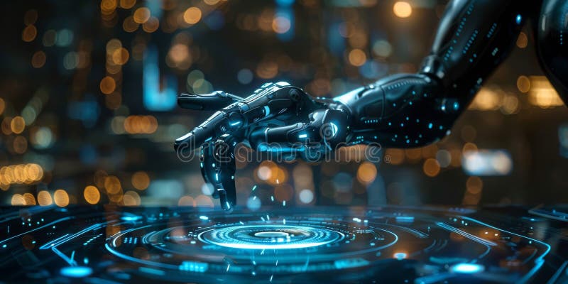 A Robotic Hand is Pointing To a Glowing Blue Circle on a Computer ...