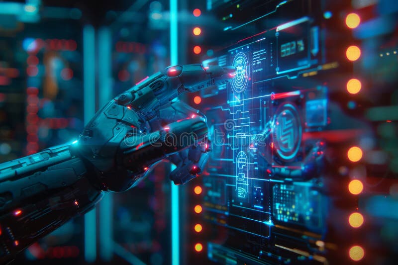 A Robotic Hand is Pointing To a Glowing Blue Circle on a Computer ...