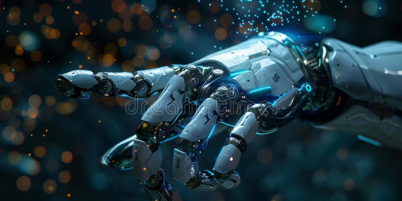 A Robotic Hand is Pointing To a Glowing Blue Circle on a Computer ...