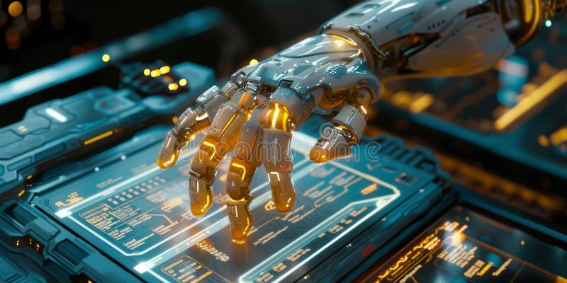 A Robotic Hand is Pointing To a Glowing Blue Circle on a Computer ...