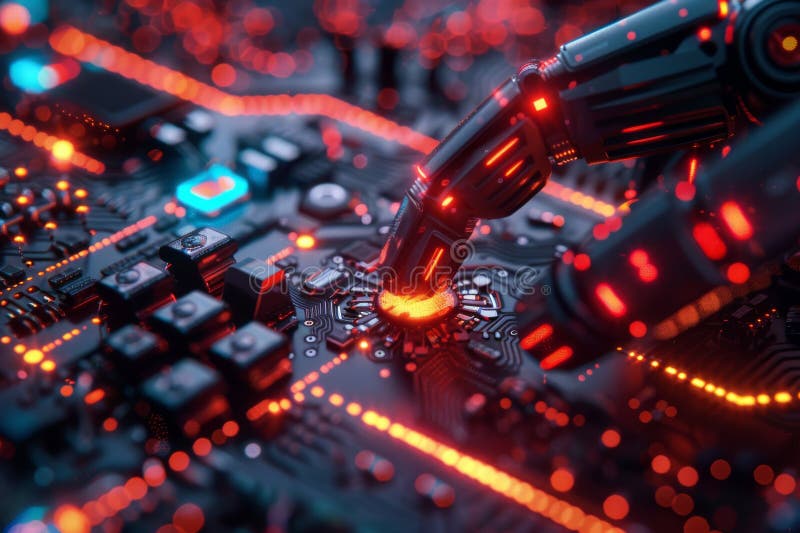 A Robotic Hand is Pointing To a Glowing Blue Circle on a Computer ...