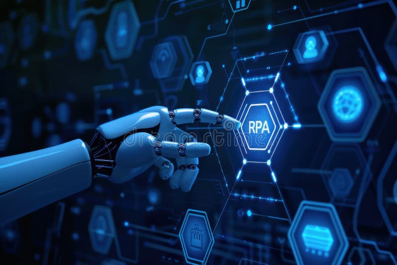 Robotic Hand Pointing To RPA Interface in Futuristic Blue Digital ...