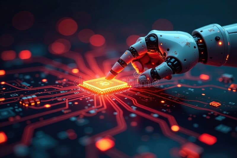 Robotic Hand Points at Glowing Digital Circuit Board Robotic Cyberpunk ...