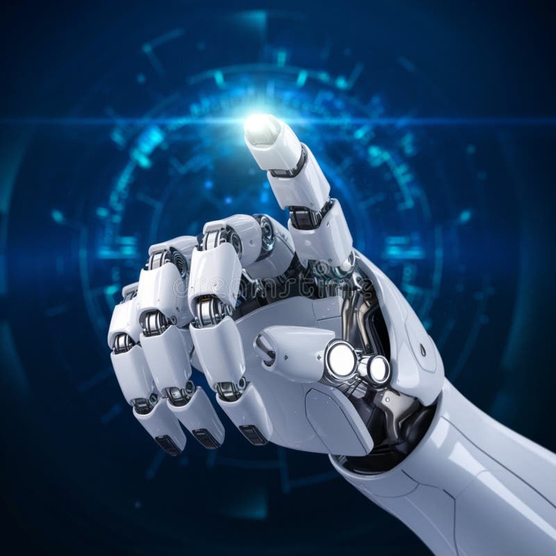 Robotic Hand Points at Luminous Blue Point, Digital Environment with ...