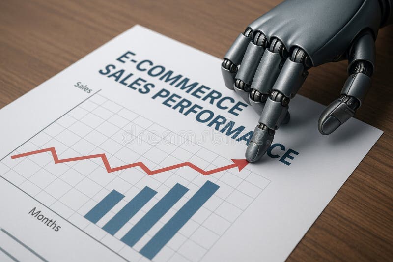 Single Robotic Finger Pointing at Printed E?Commerce Sales Chart Stock ...