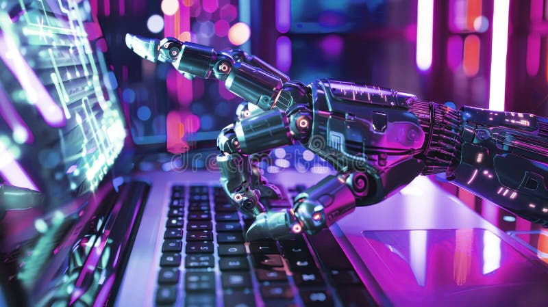 A Robotic Hand with Precision Typing on a Laptop Keyboard, Displaying ...