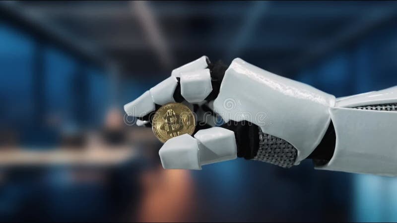 Robotic Hand Holding Cryptocurrency Coin in Modern Office Environment ...