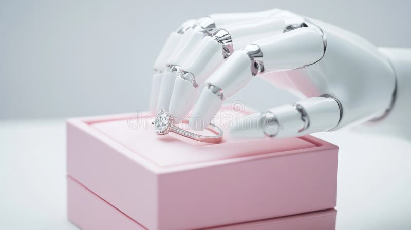 Robotic Hand Presenting an Engagement Ring Inside a Pink Box Against a ...