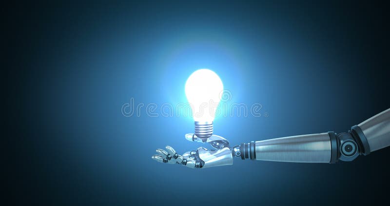 Robotic Hand Presenting Illuminated Bulb Against Blue Background Stock ...