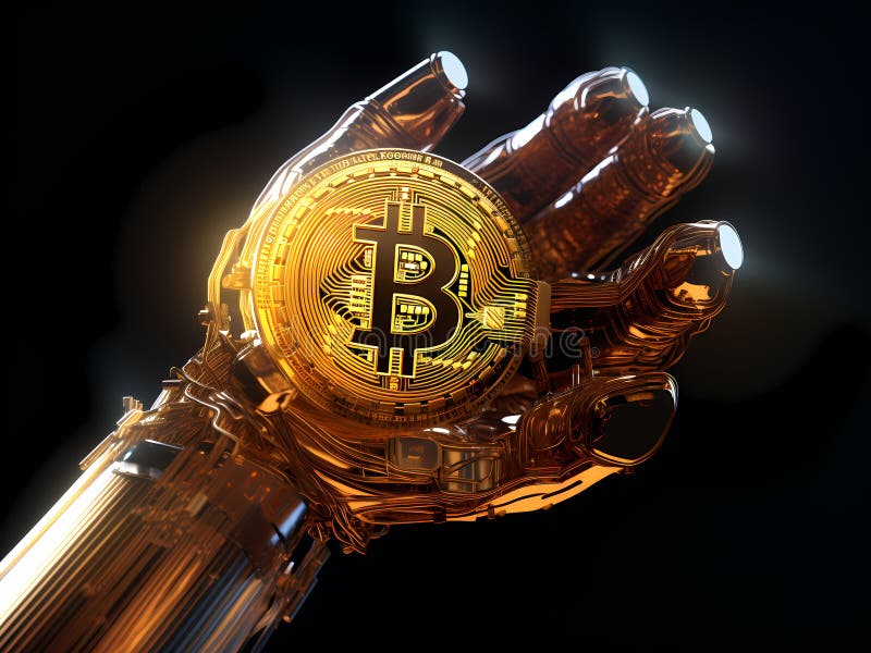 AI-Generated Robotic Hand Grasping a Shining Bitcoin Stock Illustration ...