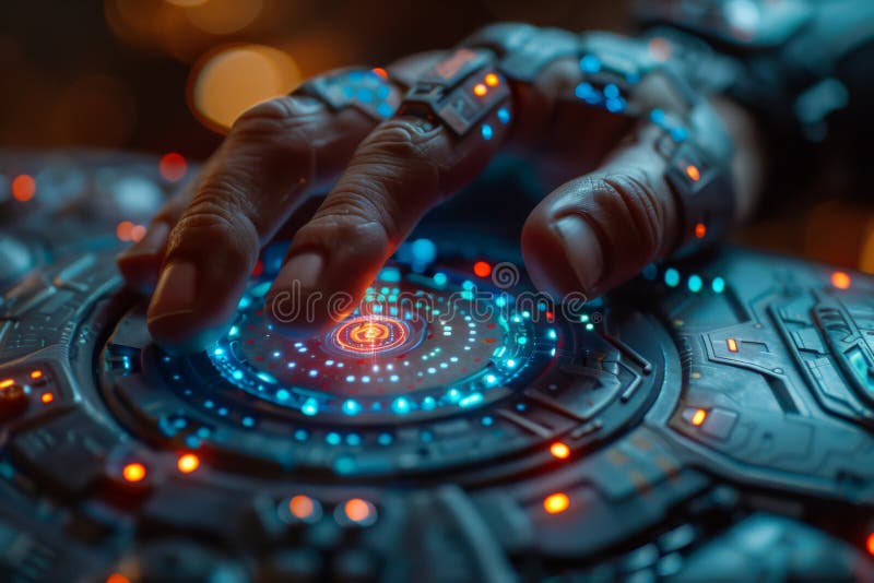 A Robotic Hand Presses a Button on a Futuristic Device Stock Photo ...