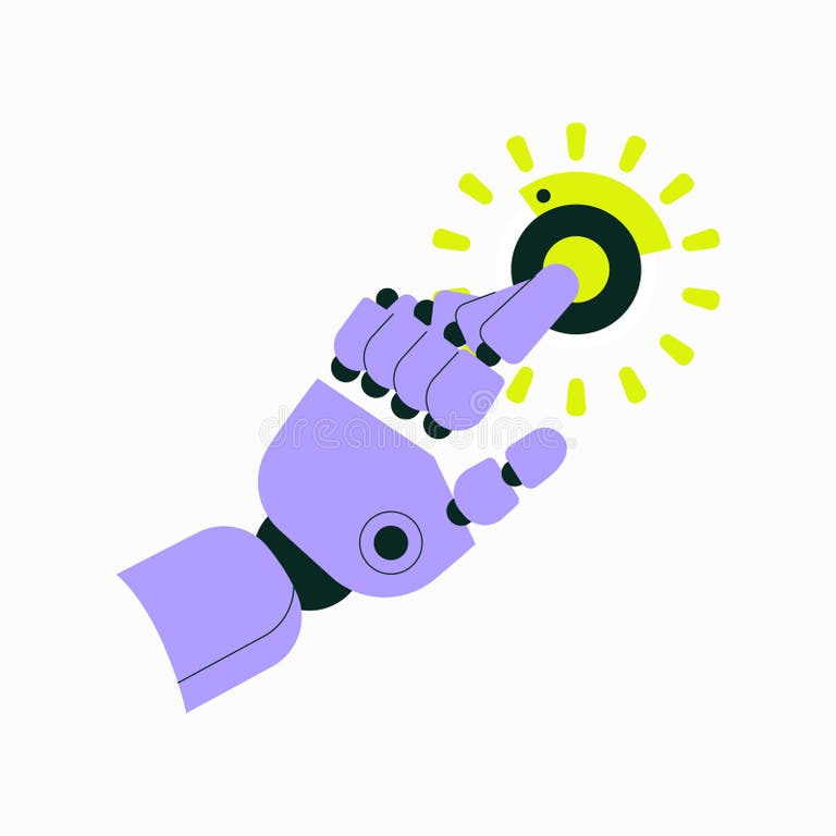 Robotic Hand Pressing Button in Flat Vector Illustration Symbolizing ...