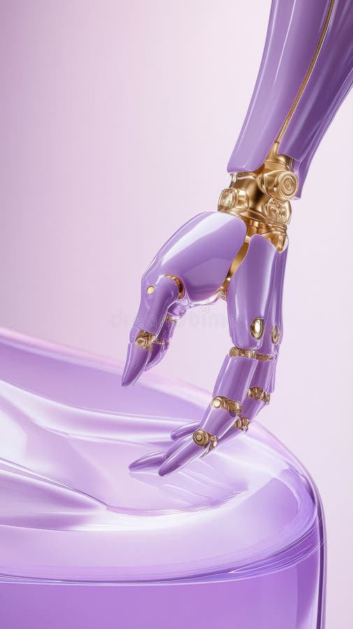 Robotic Hand with Purple and Gold Design Touches a Smooth Surface, AI ...