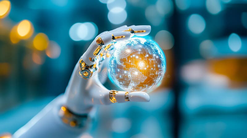 A Robotic Hand Reaches for a Glowing Digital Globe, Symbolizing ...
