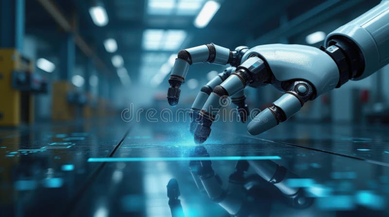 A Robotic Hand Reaches Out To Touch a Glowing Interface in a High-tech ...