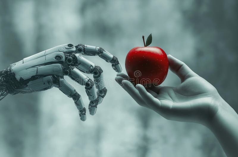 A Robotic Hand Reaches for a Red Apple Held by a Human, Symbolizing the ...