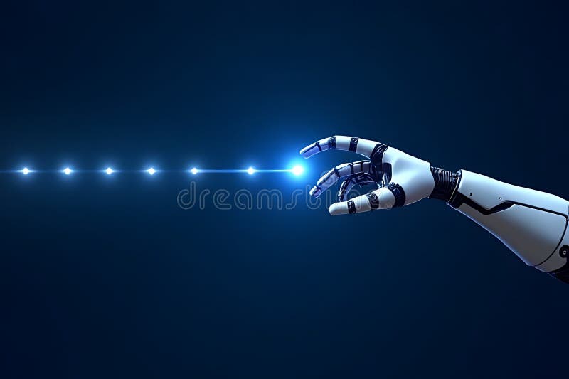 A Robotic Hand Reaches Towards a Line of Glowing Blue Energy Stock ...