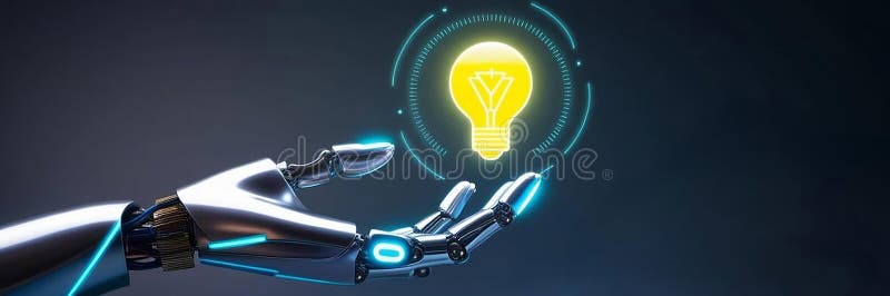 A Robotic Hand Reaches Towards a Neon Glowing Lightbulb Icon ...