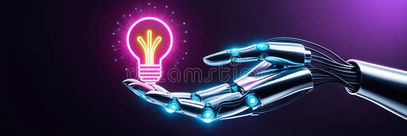 A Robotic Hand Reaches Towards a Neon Glowing Lightbulb Icon ...