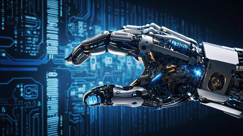 Robotic Hand Reaching Forward on Blue Digital Circuit Background, Tech ...
