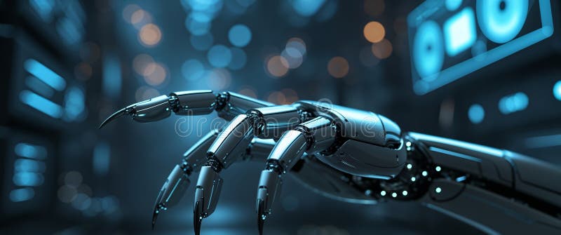 Robotic Hand Reaching Out with Advanced Technology in Background Stock ...