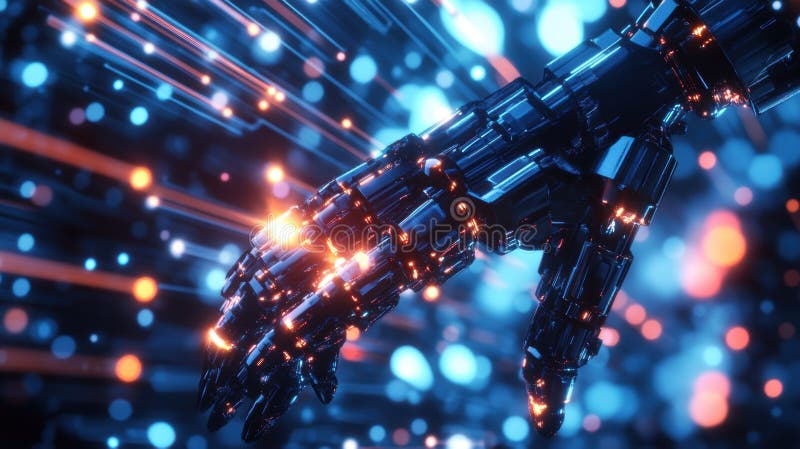 Robotic Hand Reaching Out in Futuristic Digital Environment Stock ...