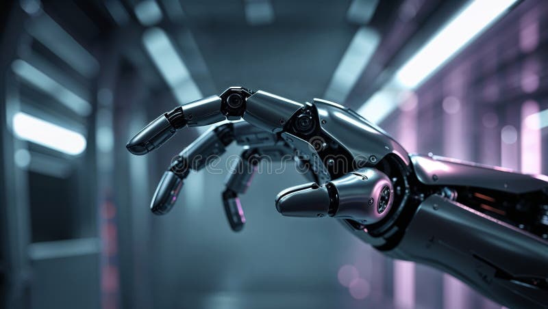 Robotic Hand Reaching Out in a Futuristic Environment Showcasing ...