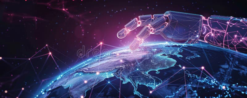 Robotic Hand Reaching Out Over a Digitally Connected World for ...