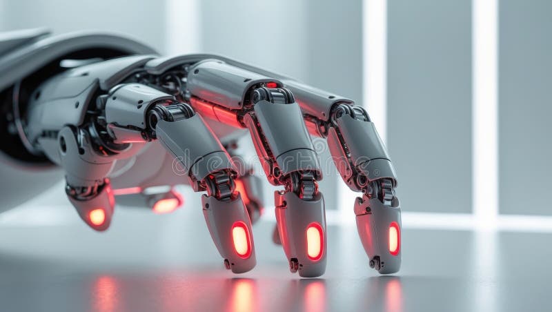 A Robotic Hand with Red Lights Reaches Out in a Futuristic Setting ...