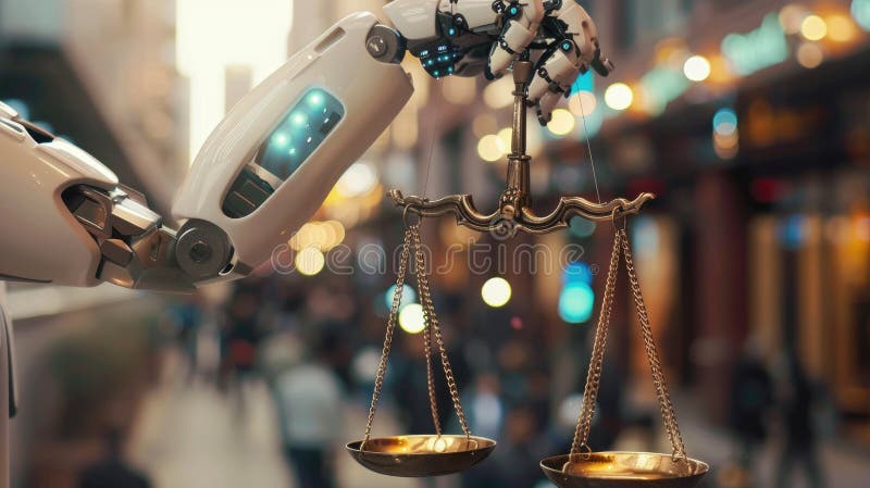 Futuristic AI Robot Hand Holding and Balancing Justice Scales in Modern ...