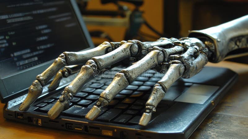 Robotic Hand Resting on a Laptop Keyboard Displaying Intricate Design ... Robotic Hand Resting on a Laptop Keyboard Displaying Intricate Design ...