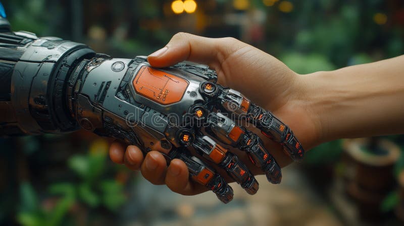 Robotic Hand Shakes Human Hand Symbolizing Collaboration between ...