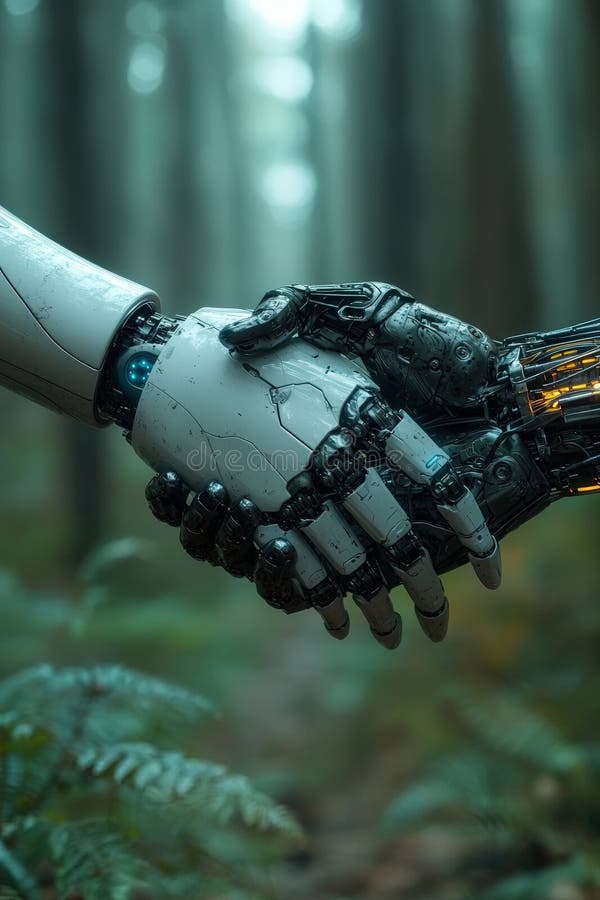 Robotic Hand Shakes Human Hand, Symbolizing Unity between Technology ...
