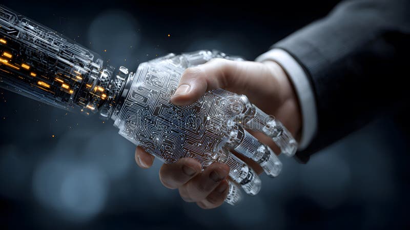 Robotic and Human Hands Touching a Big Data Network Connection ...
