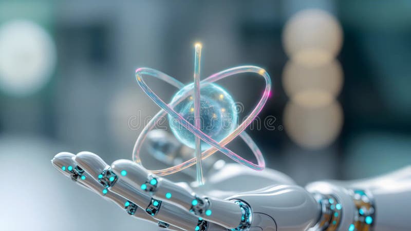 Robotic Hand Showcasing Motion with Glowing Atom Model in Slow Movement ...