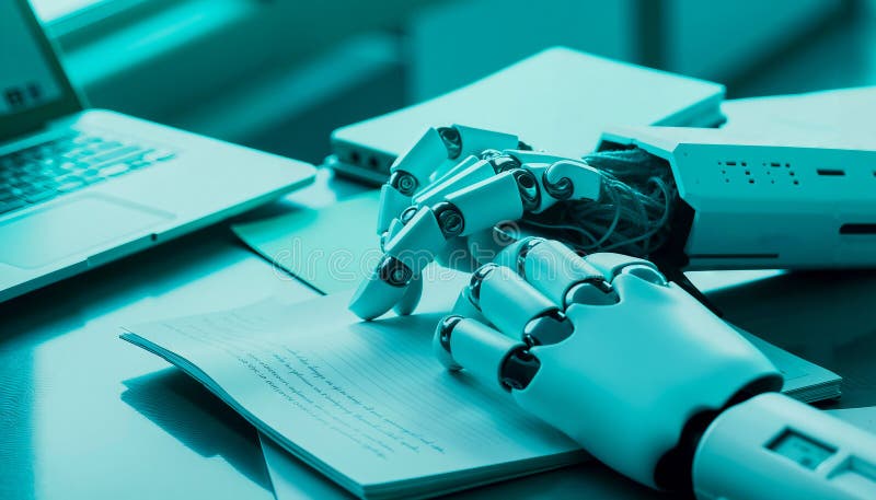 A Robotic Hand Sitting on Top of a Desk Next To a Laptop Computer Stock ...