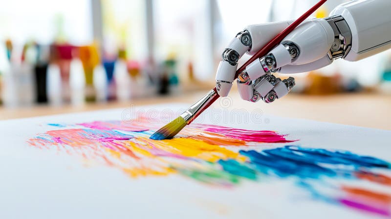 Robotic Hand Skillfully Paints Vibrant Colors on Canvas Showcasing Creativity and Technology ...