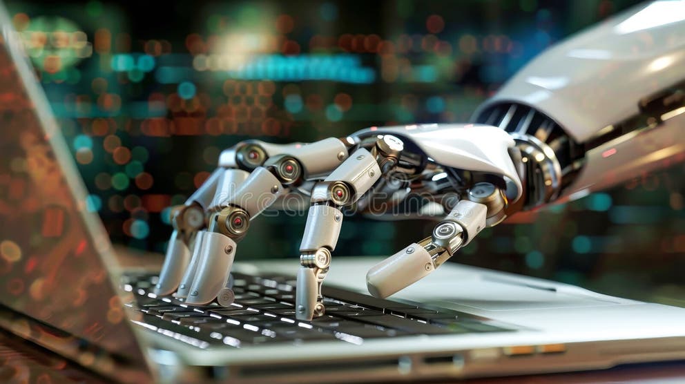 A Robotic Hand Skillfully Types on the Keys of a Laptop, Showcasing ...