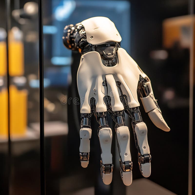 Robotic Hand with a Sleek Design, Featuring White Outer Casing and Visible Mechanical Joints and ...