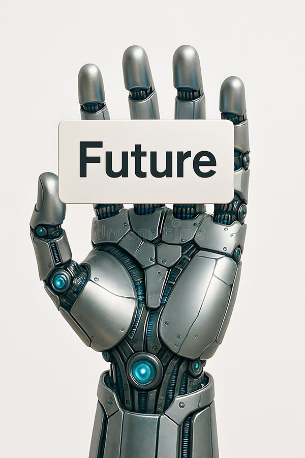 AI Robotic Hand Holding Future Label on White Background Stock ...
