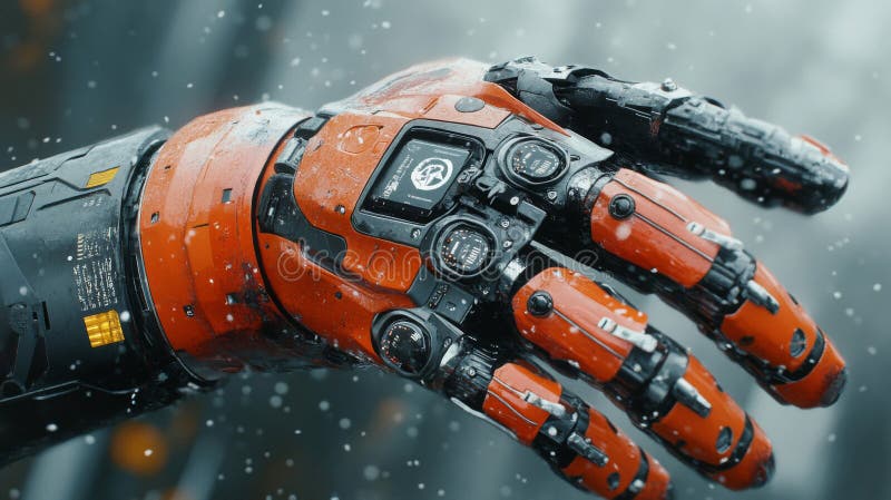Robotic Hand in Snow: Detailed 3D Render of Orange and Black Mechanical ...