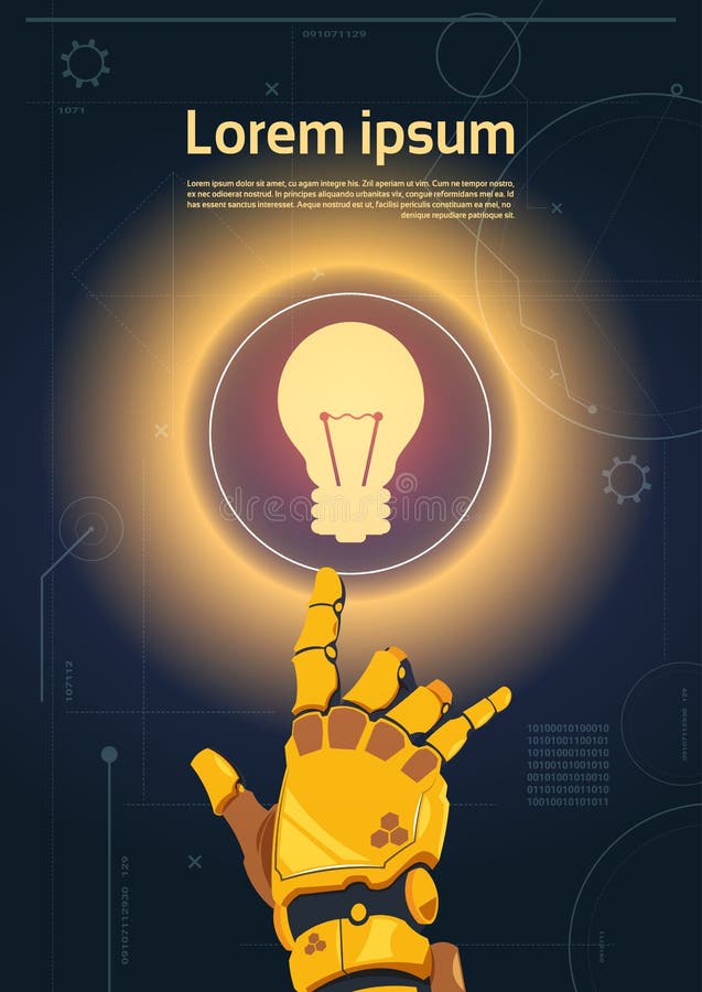 Robotic Hand Touch Light Bulb Button on Digital Screen Banner with Copy ...