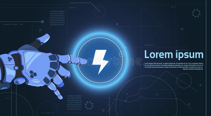 Robotic Hand Touch Light Bulb Button on Digital Screen Banner with Copy ...