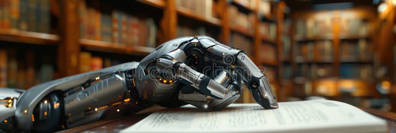 Robotic Hand Touching Book in Library Stock Image - Image of electronic ...