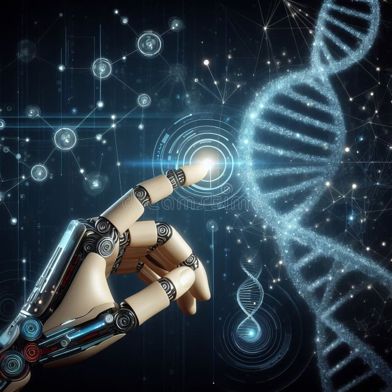 Robotic Hand Interacting with DNA Structure Stock Illustration ...