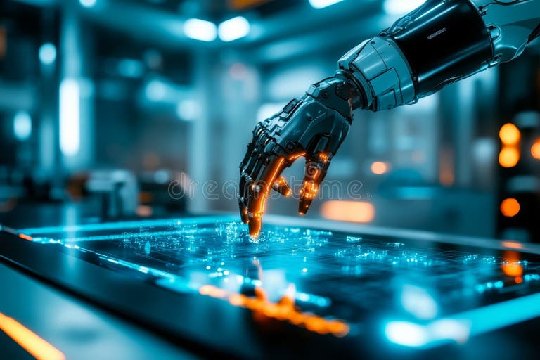 A Robotic Hand Touching a Touch Screen in a Factory Stock Illustration ...