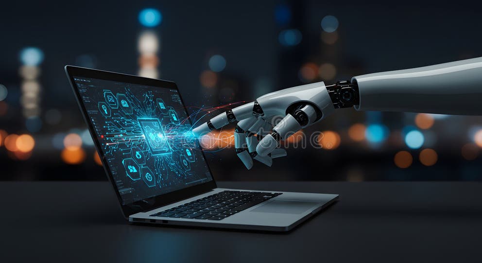 A Robotic Hand Transfers Data To a Laptop Using a Glowing Stream of ...