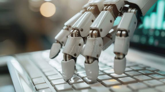 A Robotic Hand Types on a Computer Keyboard. Generative AI Stock ...